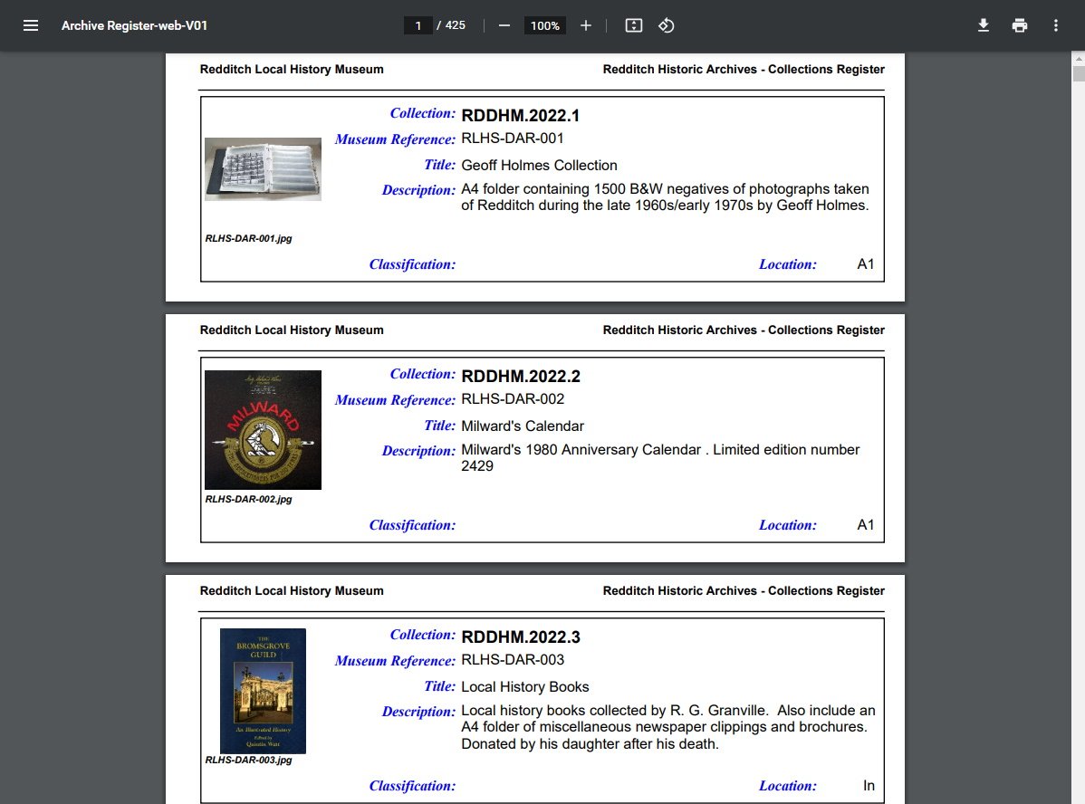 Artefact Register Update - Redditch Local History Museum